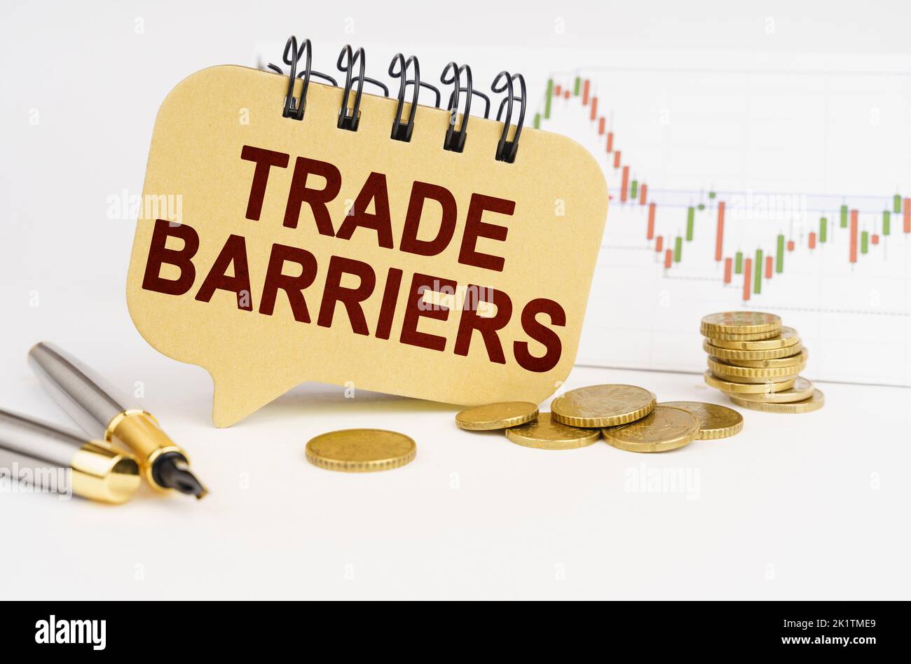Business concept. On the table are coins, a pen, a graph and a sign with the inscription - Trade ...