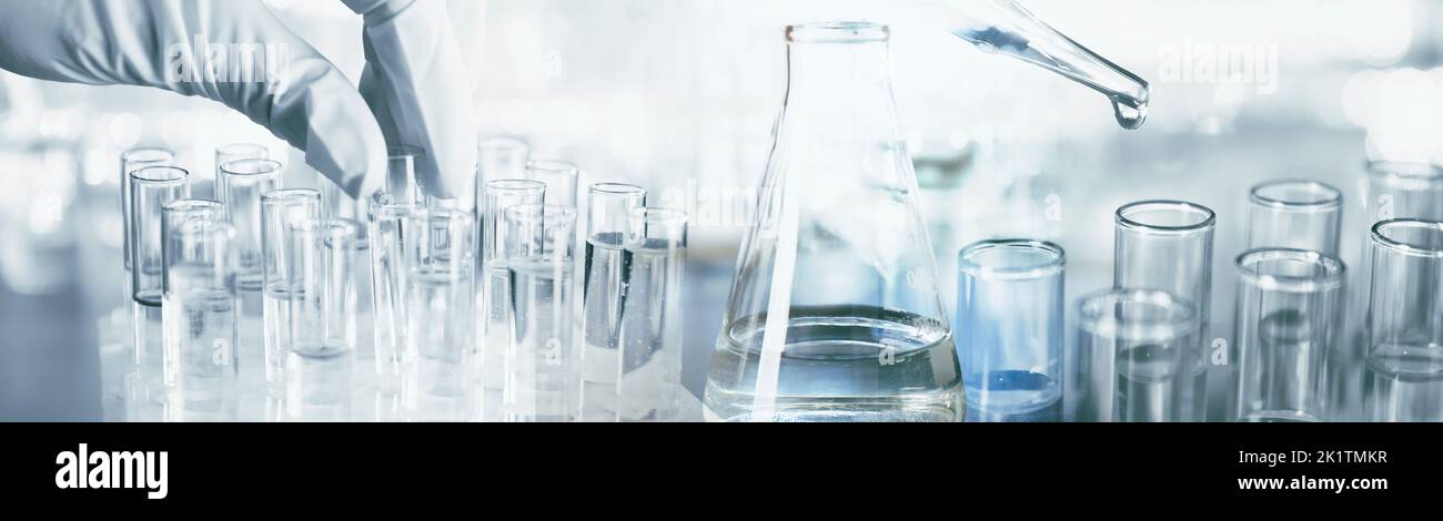 Collage with scientist's hand and many laboratory test tubes, closeup ...