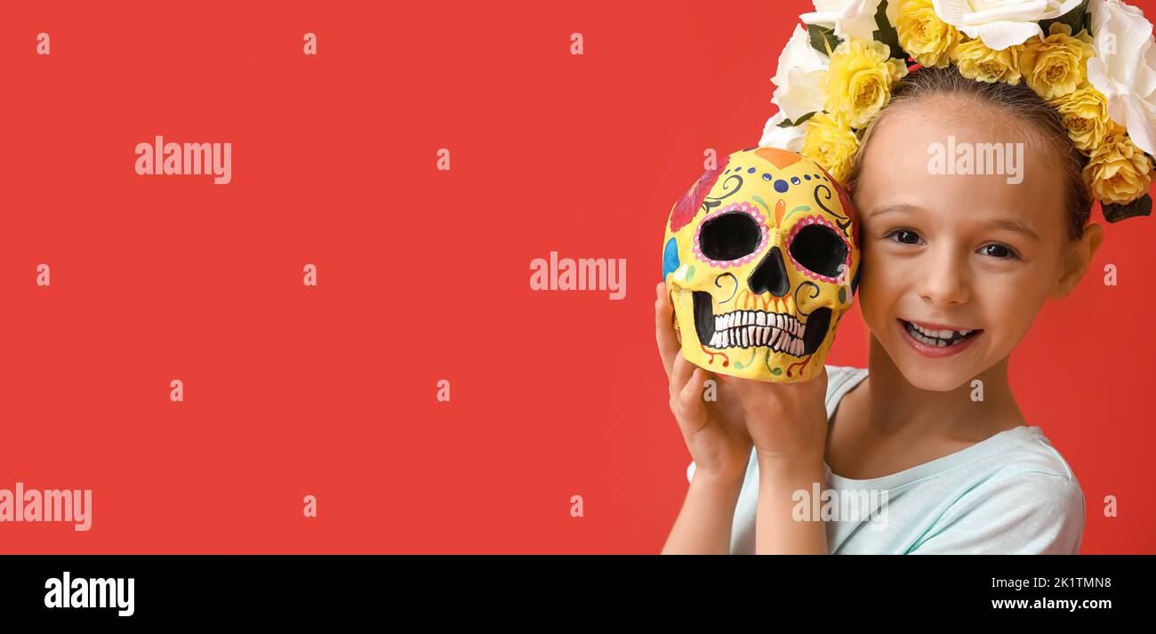 Little girl with painted human skull on red background. Celebration of ...