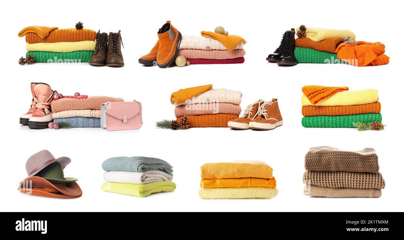 Set of warm clothes isolated on white Stock Photo - Alamy