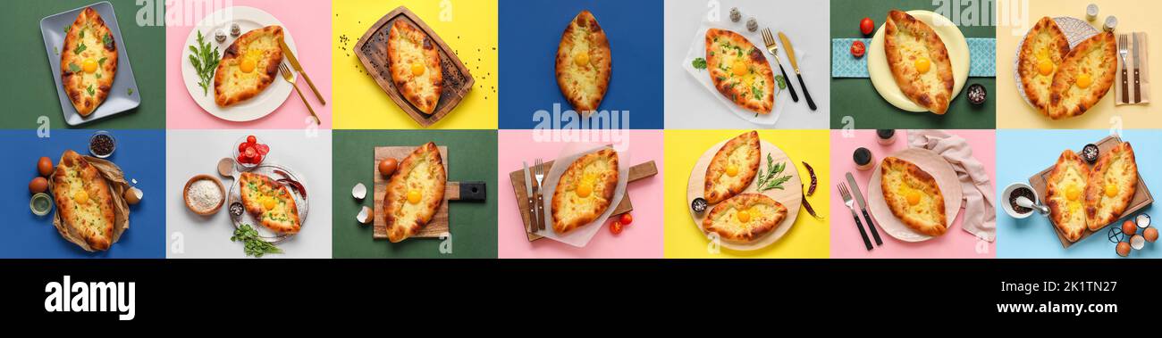Collage with many tasty Ajarian khachapuri Stock Photo - Alamy