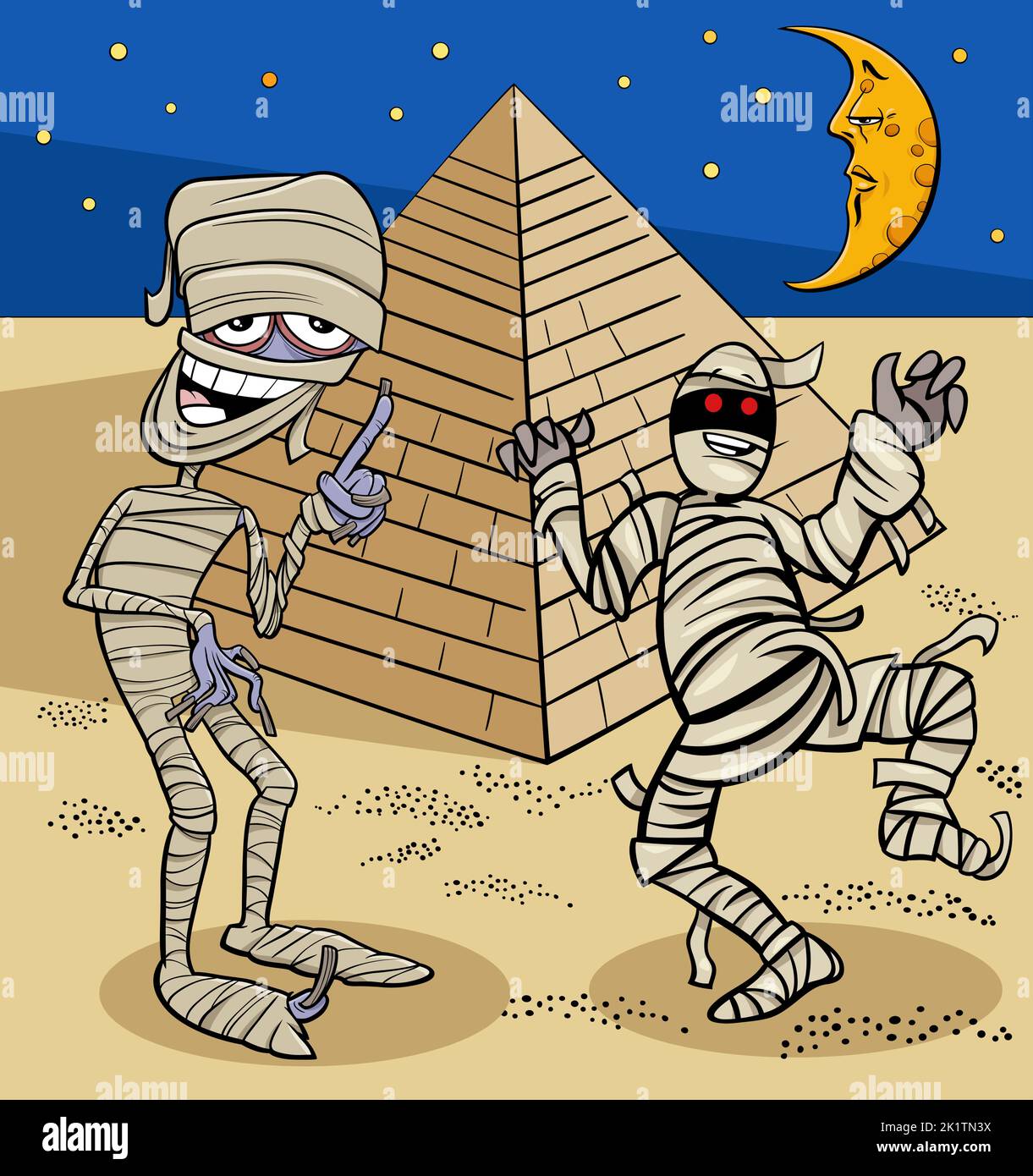 Cartoon illustration of funny mummy characters and pyramid on Halloween ...