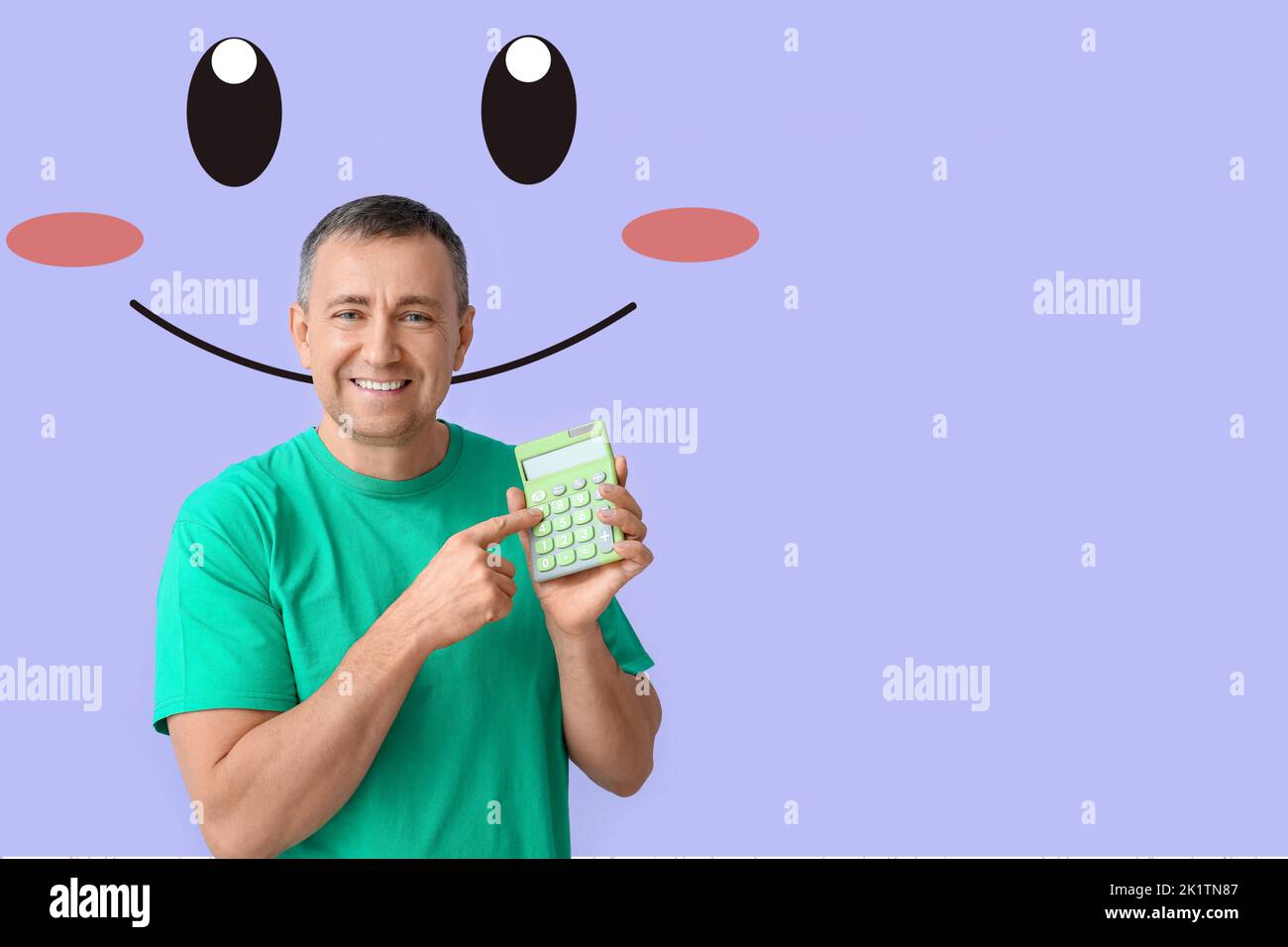 Mature man with calculator and drawn smile on lilac background Stock ...