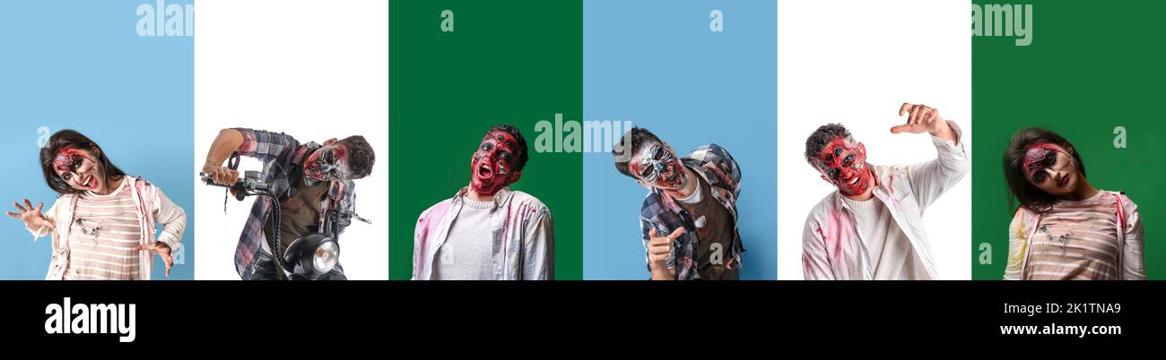 Collage with many zombies on color background Stock Photo - Alamy