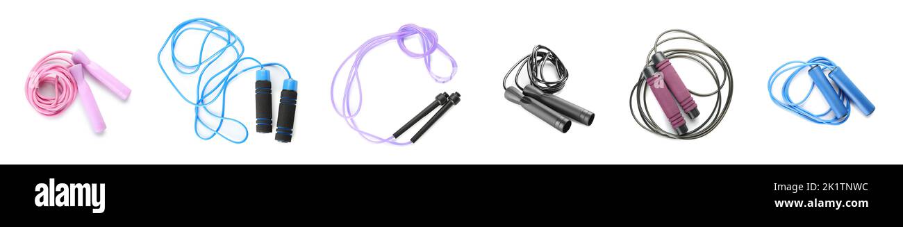 Collage of skipping ropes on white background Stock Photo - Alamy