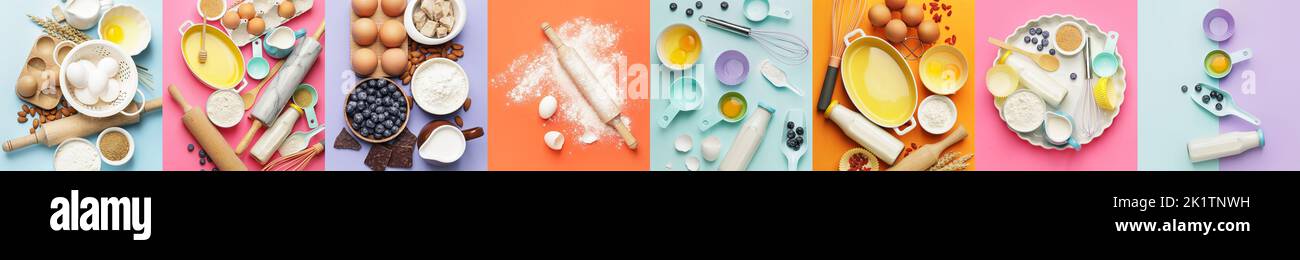 Collage of kitchen utensils and ingredients for preparing pastry on ...