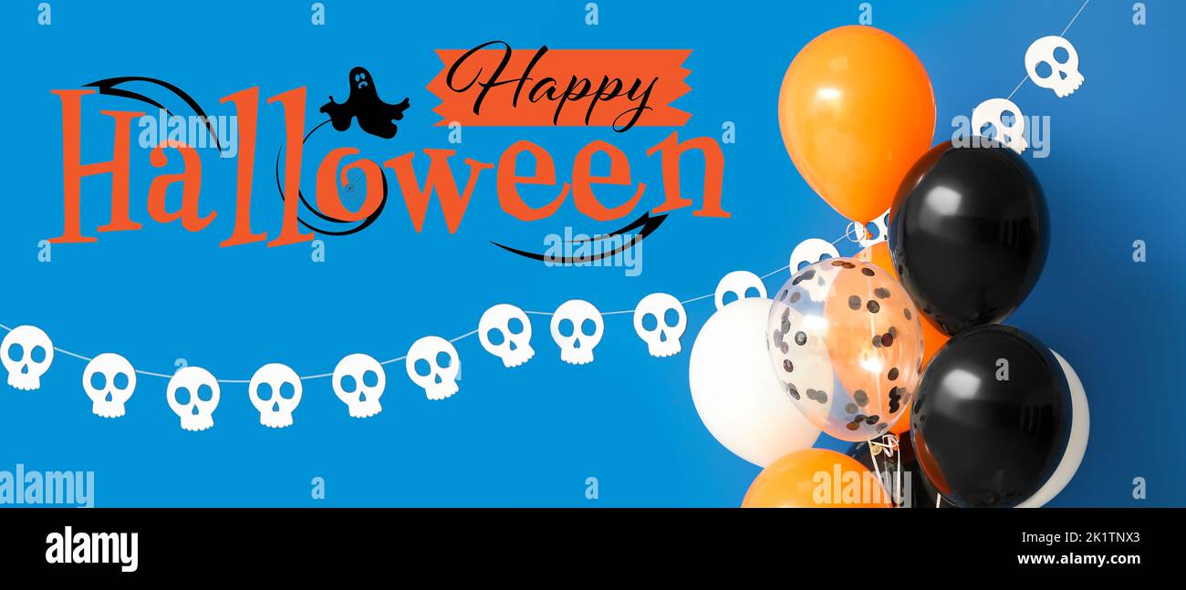 Banner for Halloween with balloons and garland on blue background Stock ...
