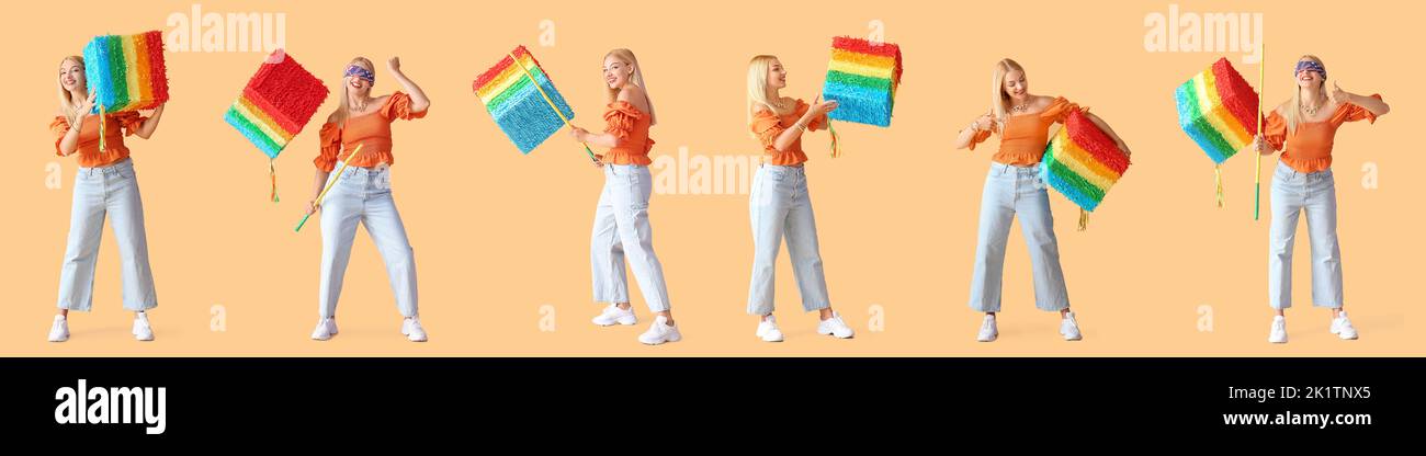 Set of young woman with Mexican pinata on beige background Stock Photo ...