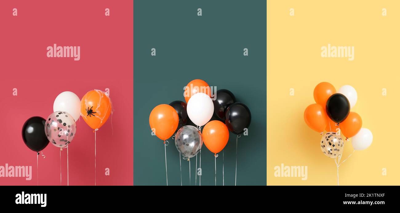 Collage with many balloons on color background. Halloween celebration ...