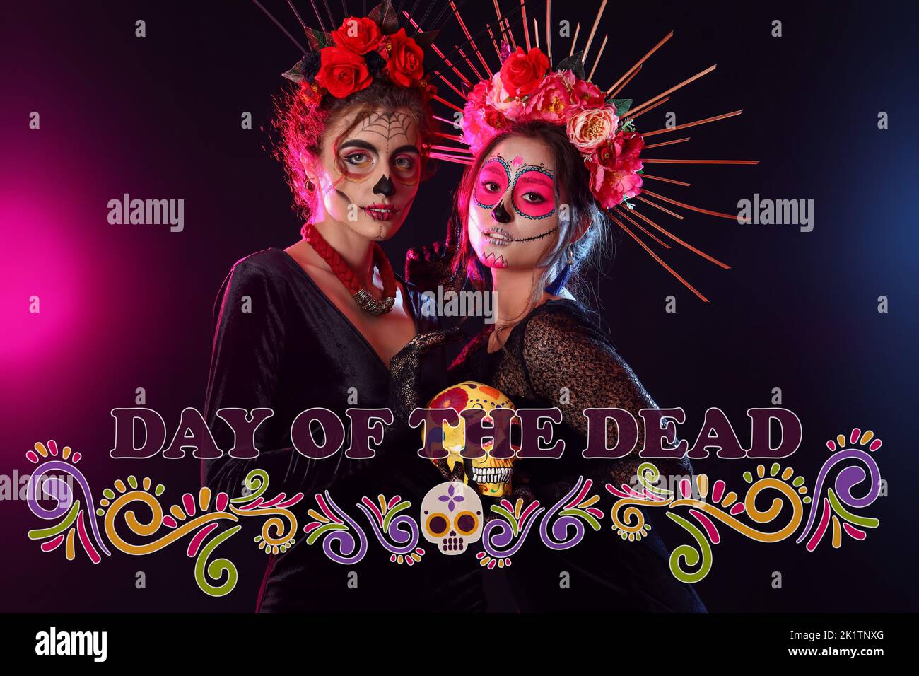 Women with painted faces and sugar skull on dark background ...