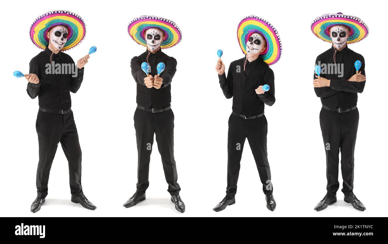 Set of young man with painted skull on his face and maracas against ...