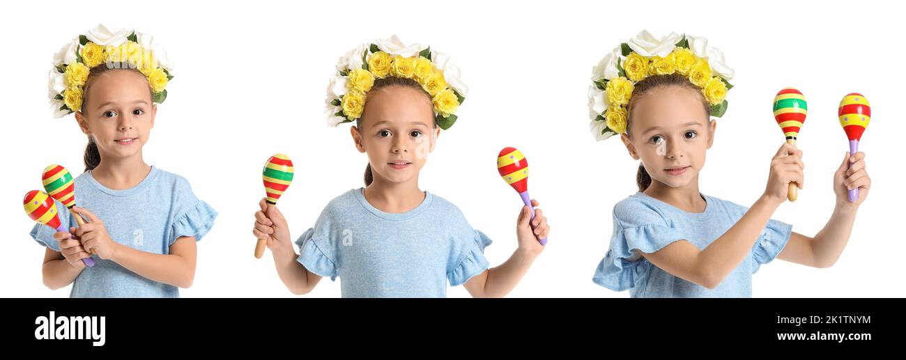 Set of cute Mexican girl with maracas on white background Stock Photo ...