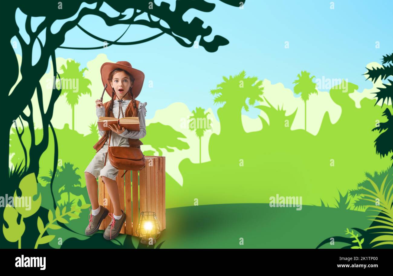 Cute little adventurer with book in drawn jungle Stock Photo - Alamy