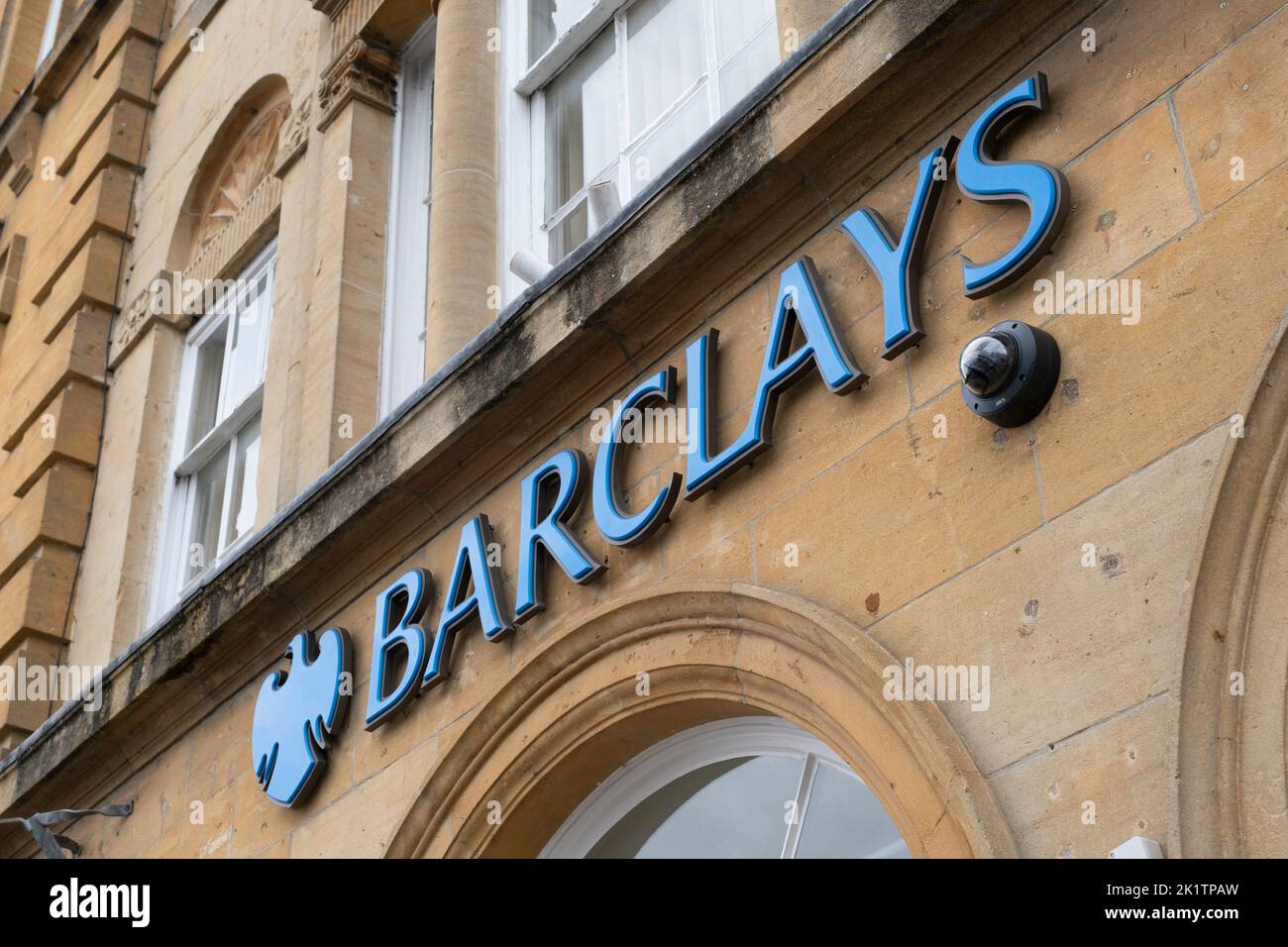 Facade of a Barclays Bank branch with security camera on the High ...