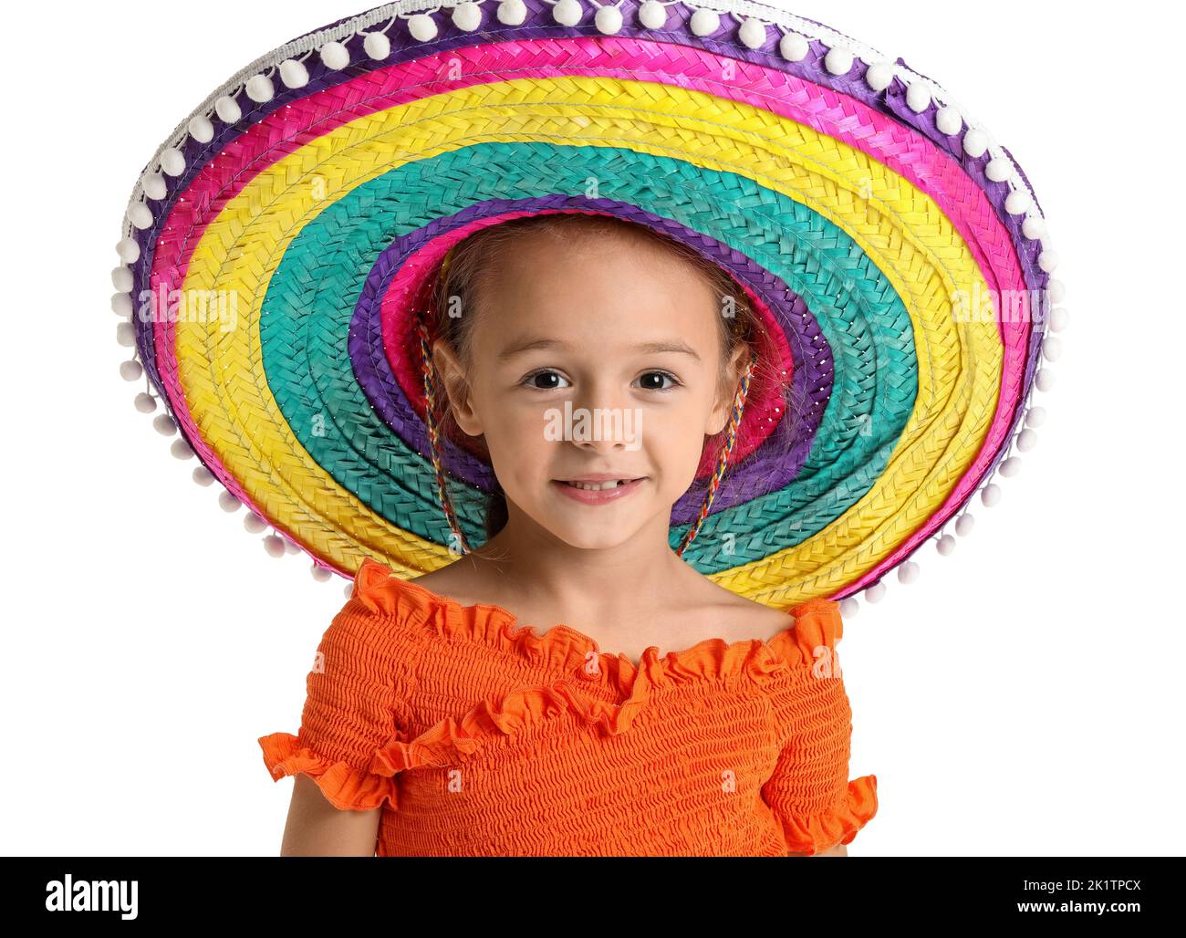 Little Mexican girl in colorful sombrero hat on white background Stock ...