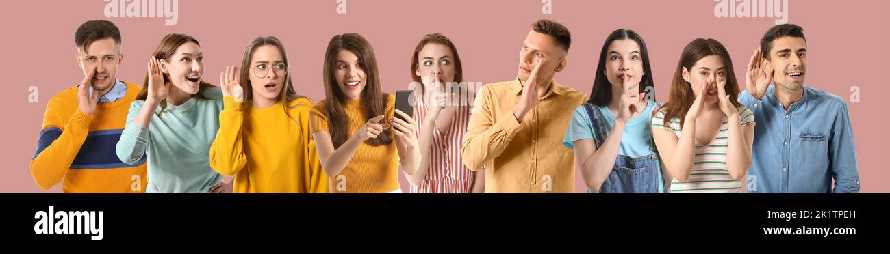 Group of gossiping people on pink background Stock Photo - Alamy