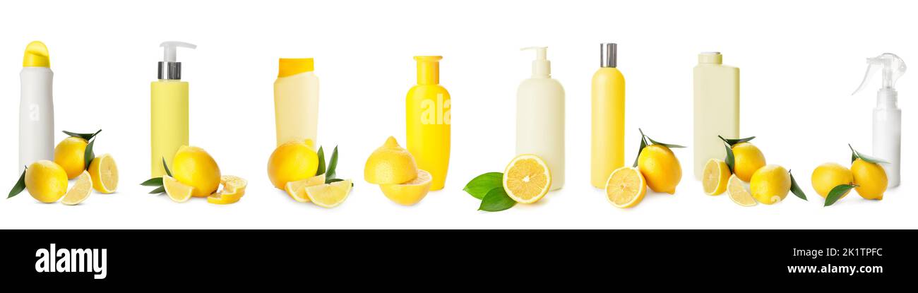 Different cosmetic products and lemons on white background Stock Photo ...