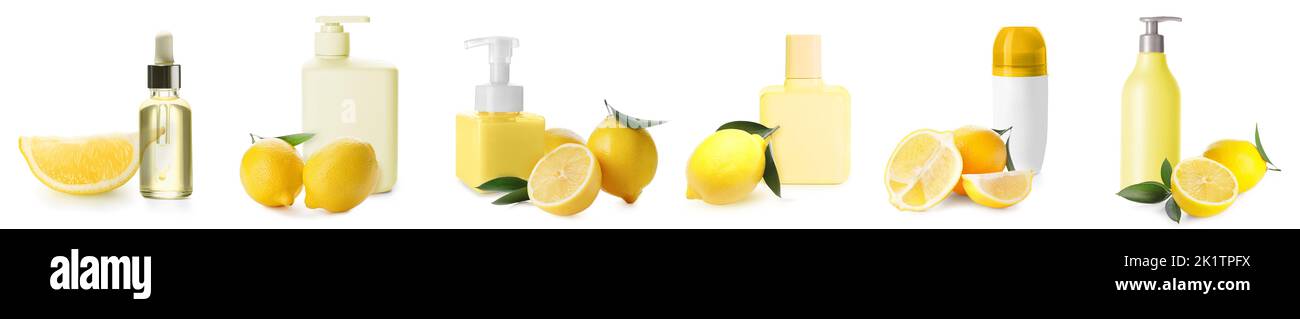 Different cosmetic products and lemons on white background Stock Photo ...