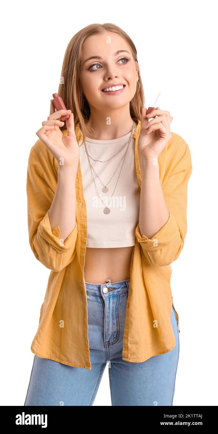 Young beauty blogger with lipstick on white background Stock Photo - Alamy