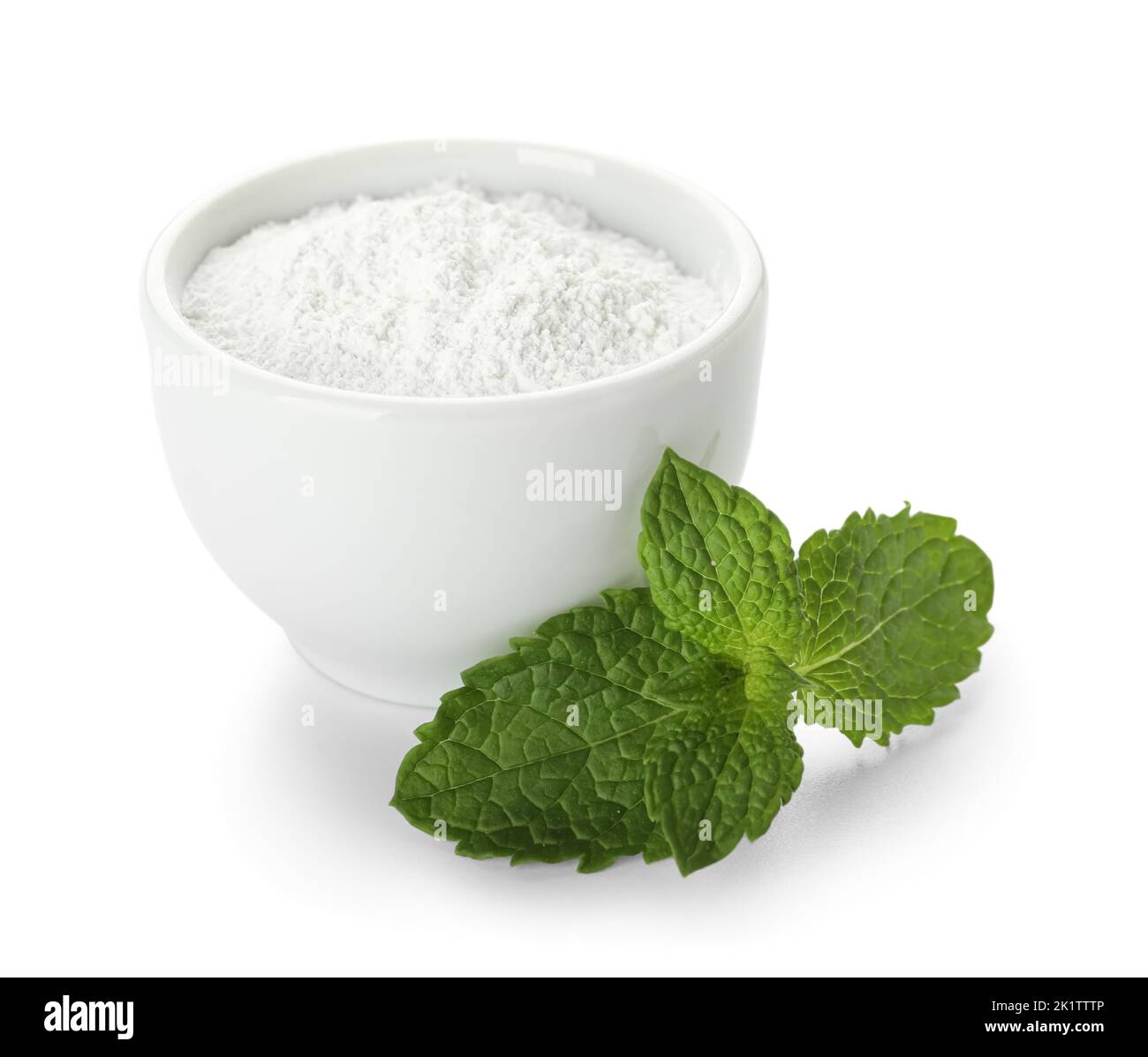 Bowl of tooth powder with mint on white background Stock Photo - Alamy