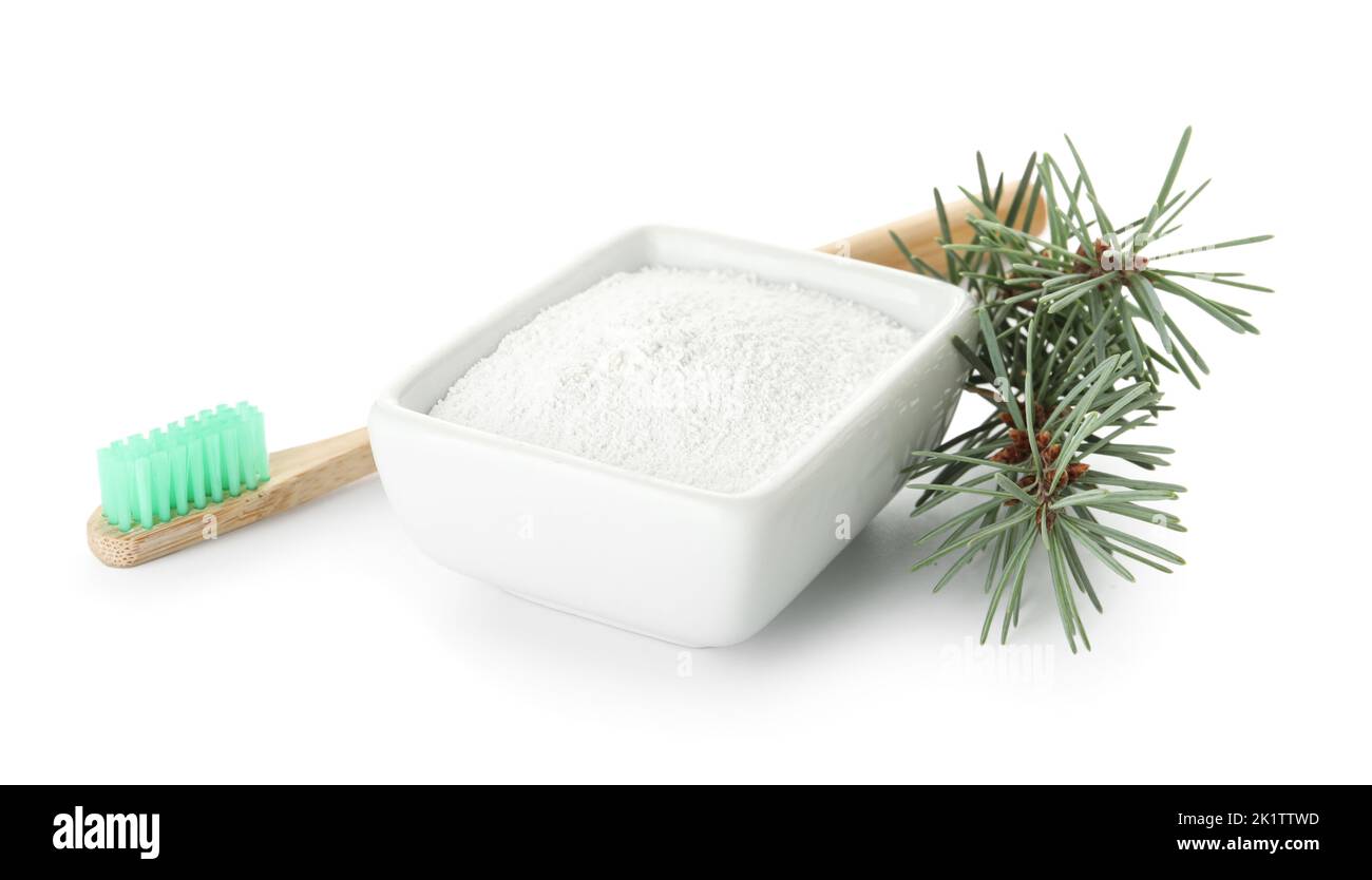 Bowl of tooth powder with coniferous branches and brush on white ...