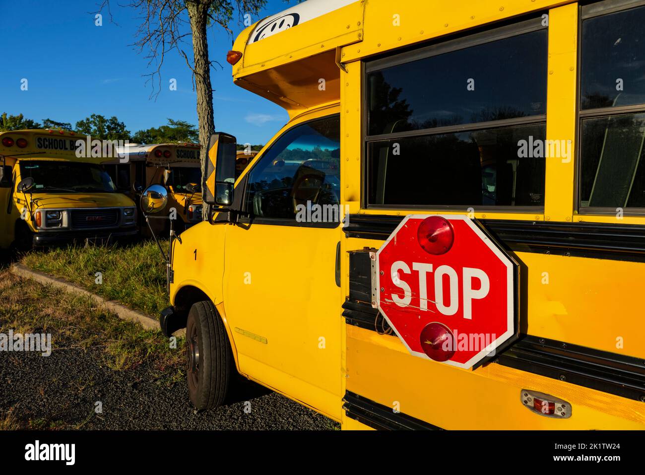Yellow school bus against blue sky. Stop sign on a side. School bus ...