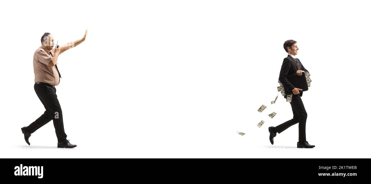 Full length profile shot of a security guard running after a man with a ...