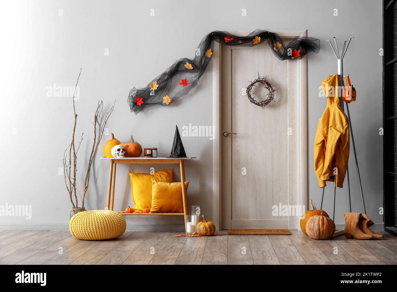 Interior of hall decorated for Halloween with table and rack Stock ...