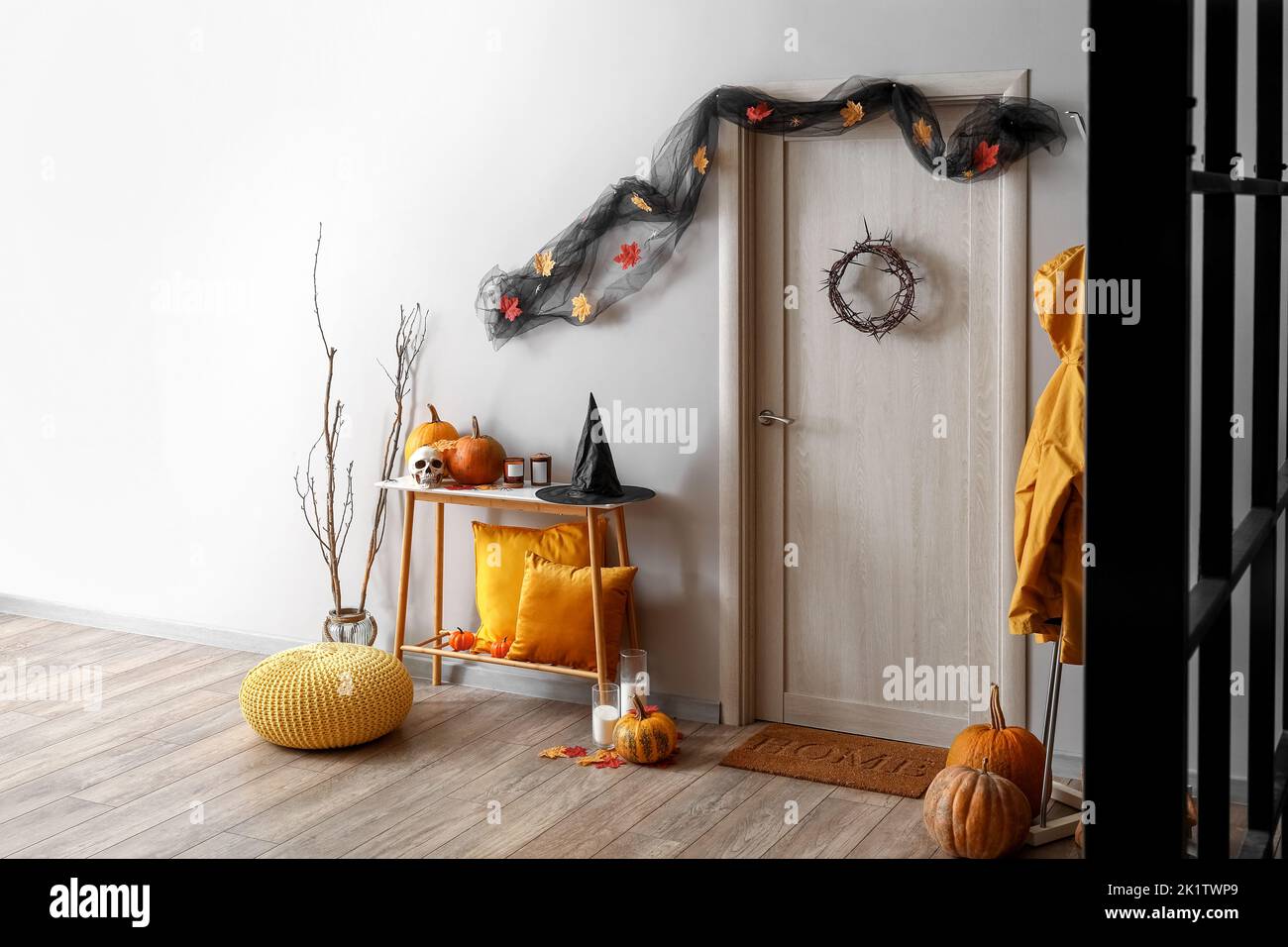 Interior of hall decorated for Halloween with table and rack Stock ...