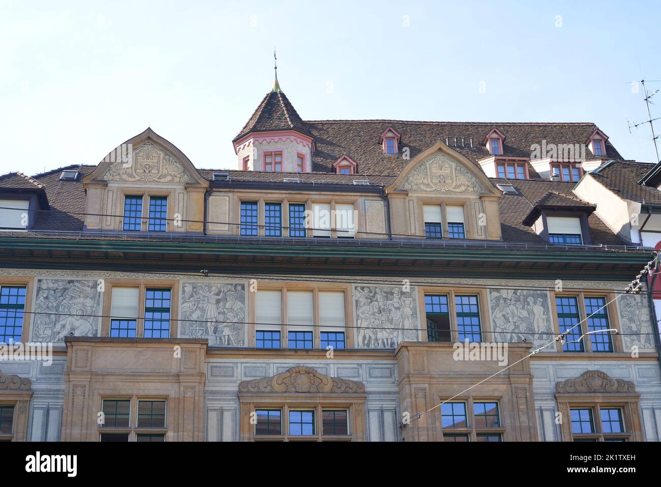 Basel, Switzerland 09-28-2016 facade traditional paintings of the town ...