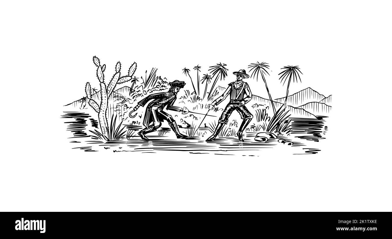 Pirates fight with swords against the backdrop of a tropical landscape ...