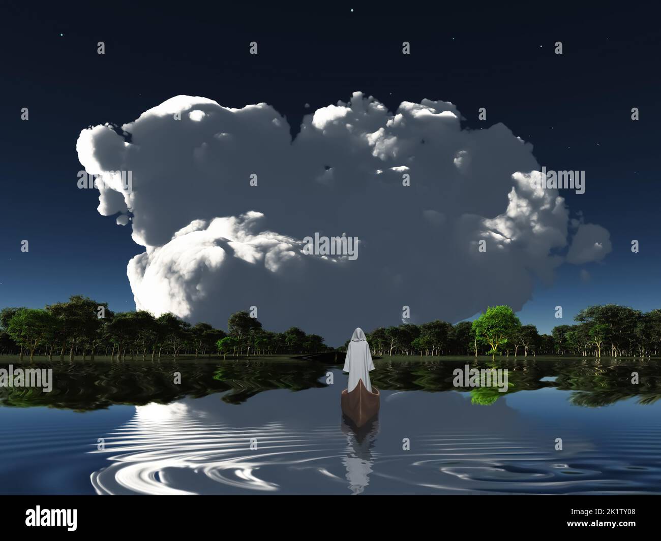 Man in white robe in boat float on water surface. 3D rendering Stock ...
