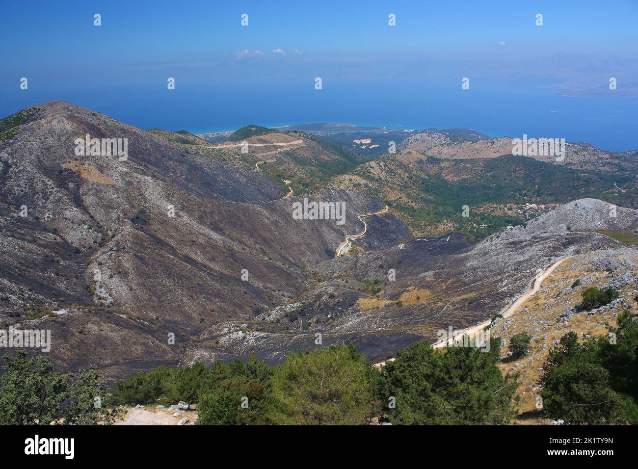 View to incinerator after a fire in the countryside on the Greek island ...