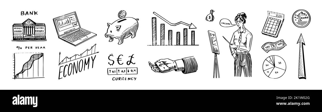 Economy poster. Finance and money. Piggy bank, calculator and graphs ...