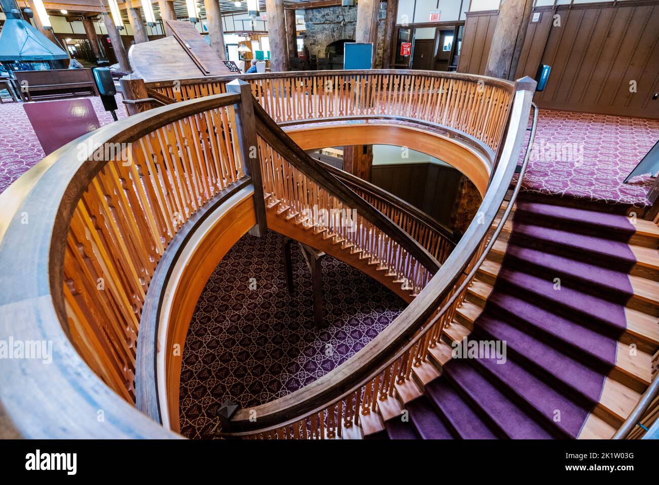Elaborate winding wooden staircase; Many Glacier Hotel; Glacier ...