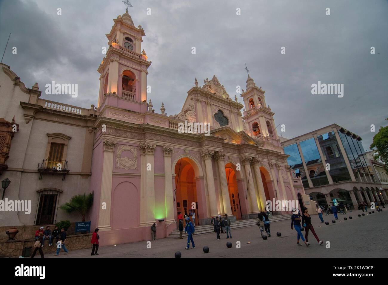 A vertical shot of the Cathedral of Salta against a gray cloudy sky ...