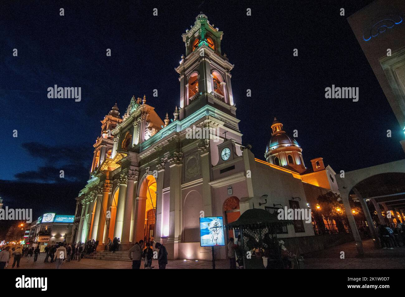 The beautiful illuminated Cathedral of Salta against a dark night sky ...