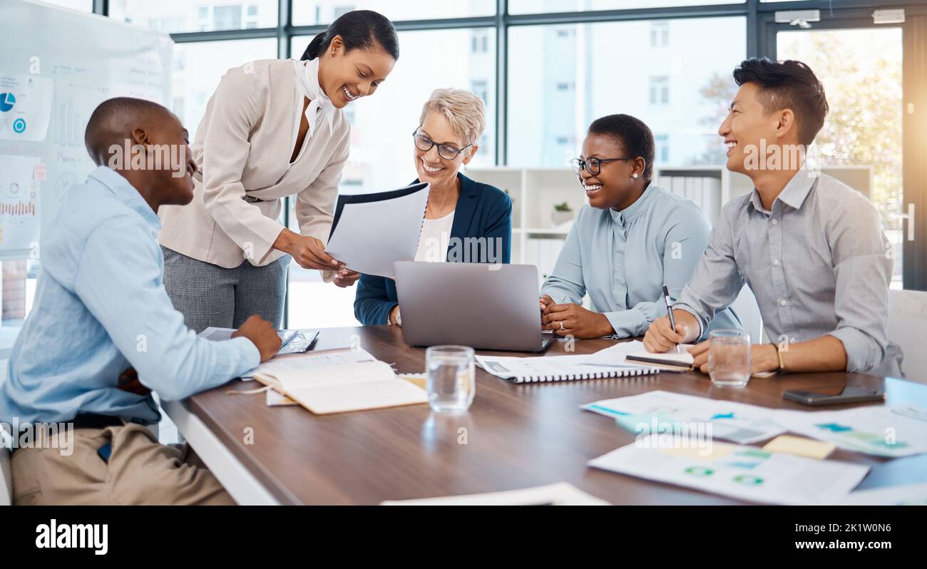 Diversity, business people and collaboration meeting at the office in document planning ...