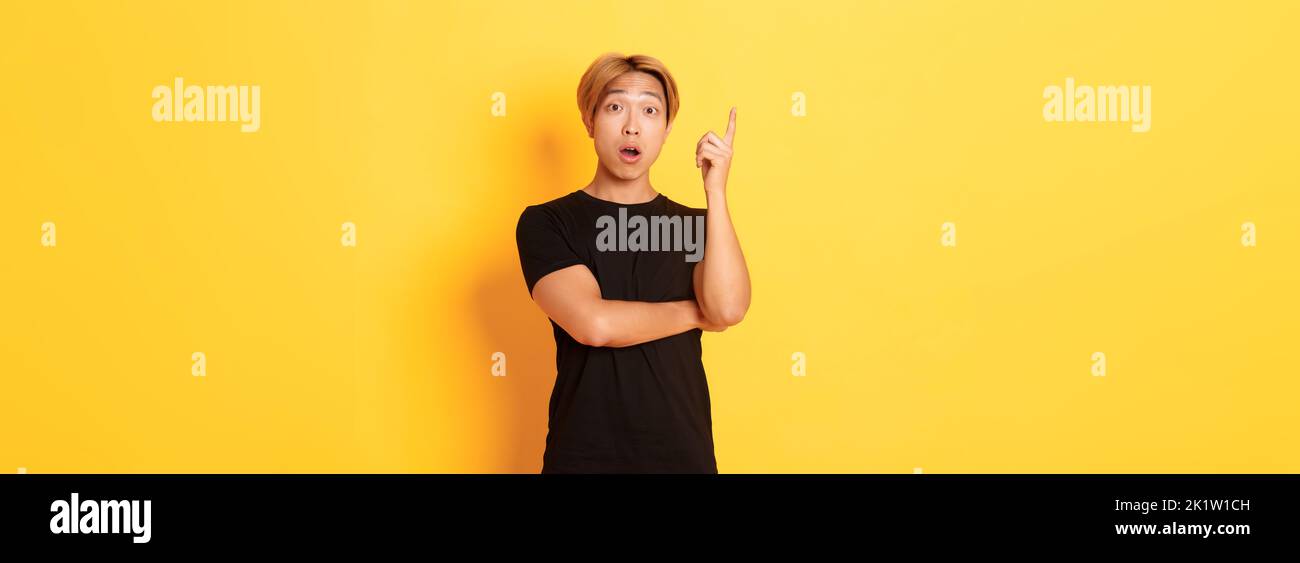 Portrait of thoughtful handsome asian man raising finger, suggesting ...