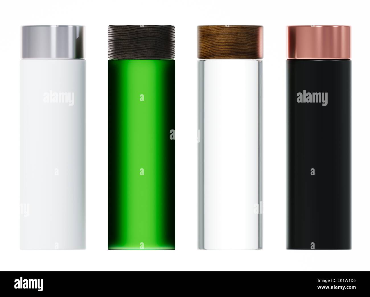 Four different shampoo bottles, plastic and glass cosmetic packaging ...