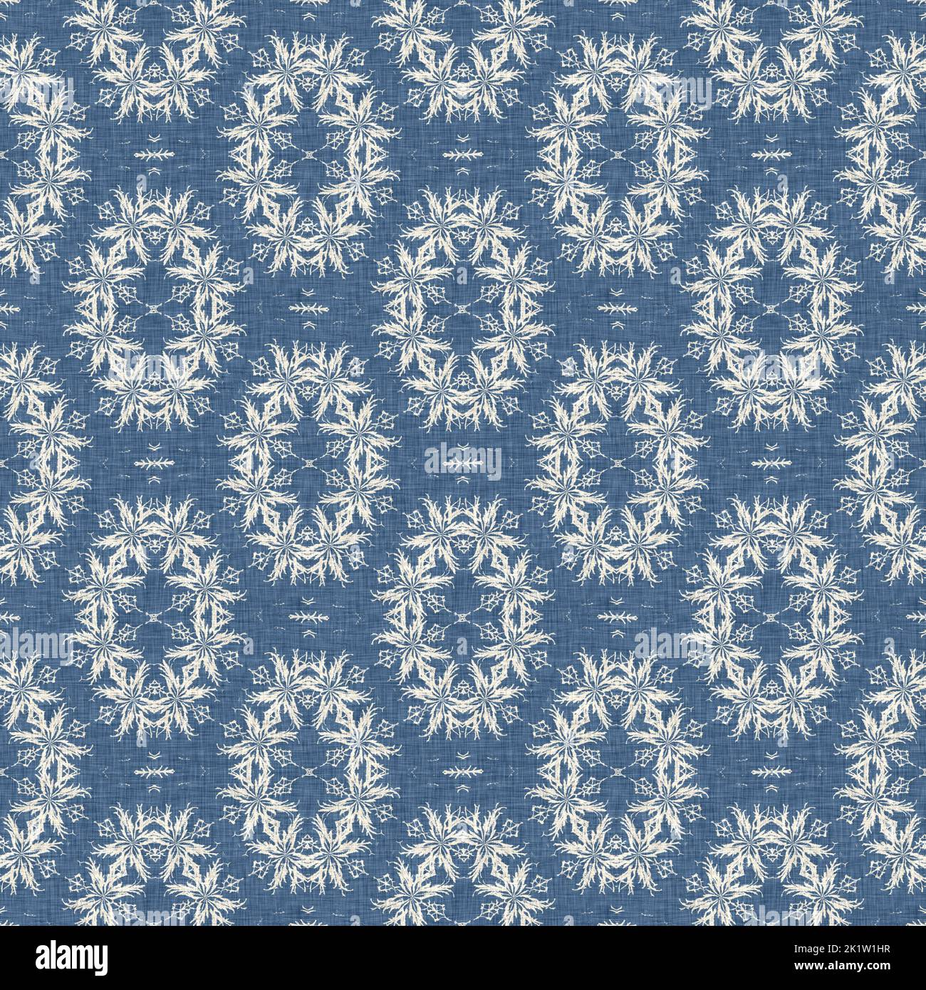 Farmhouse blue snow flake pattern background. Frosty batik damask ...