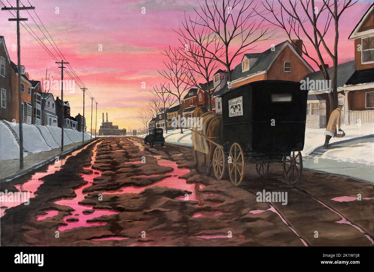 Vintage 1920s scene of a dairy man making dawn deliveries from his ...