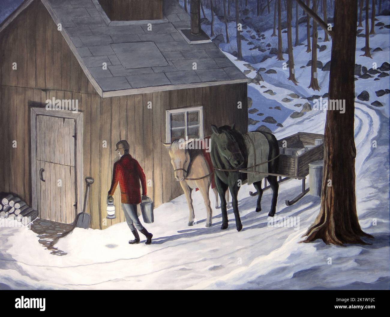 Vintage winter night scene of a man carrying buckets of sap towards a ...