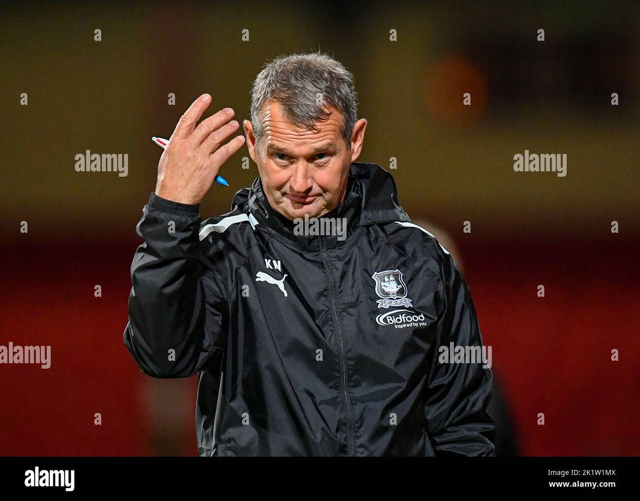 Plymouth Argyle First team coach Kevin Nancekivell gestures, shouts ...