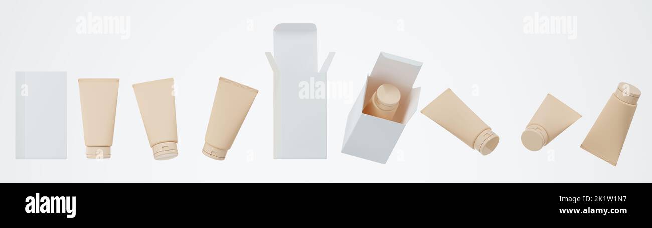 Different views of beige cosmetic cream tube with box open and shut ...