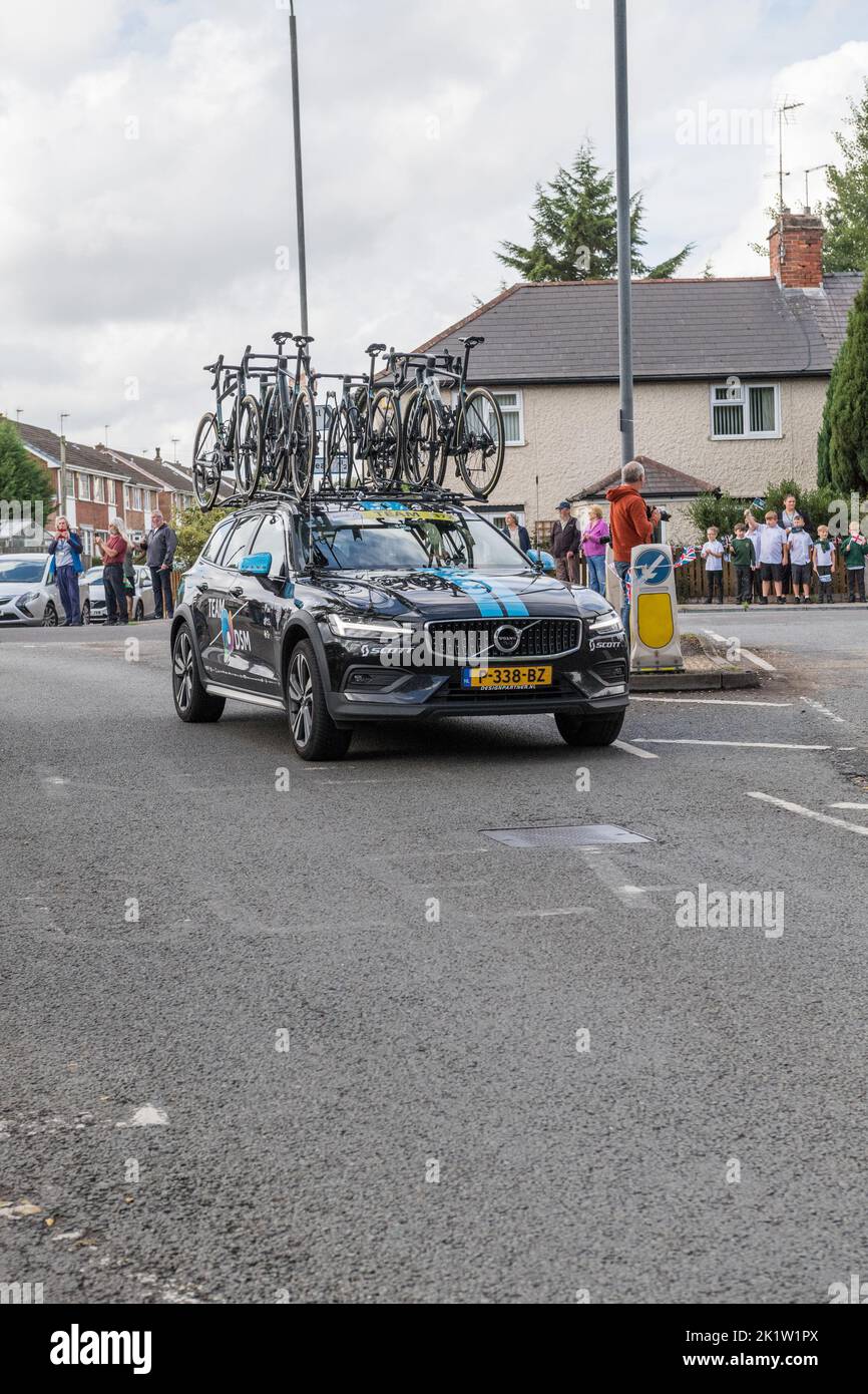 Team support vehicles for the 2022 Tour of Britian road cycle race on ...