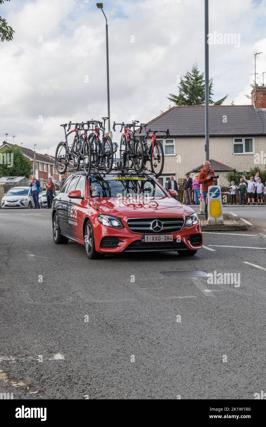 Team support vehicles for the 2022 Tour of Britian road cycle race on ...