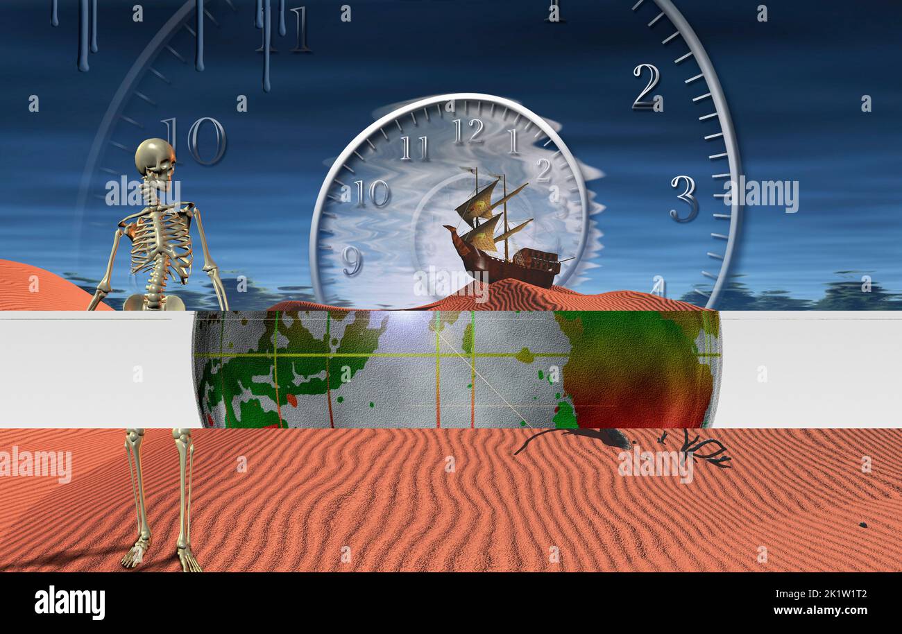 Surreal desert with ancient ship on a sand dune and skeleton. Spiral of ...