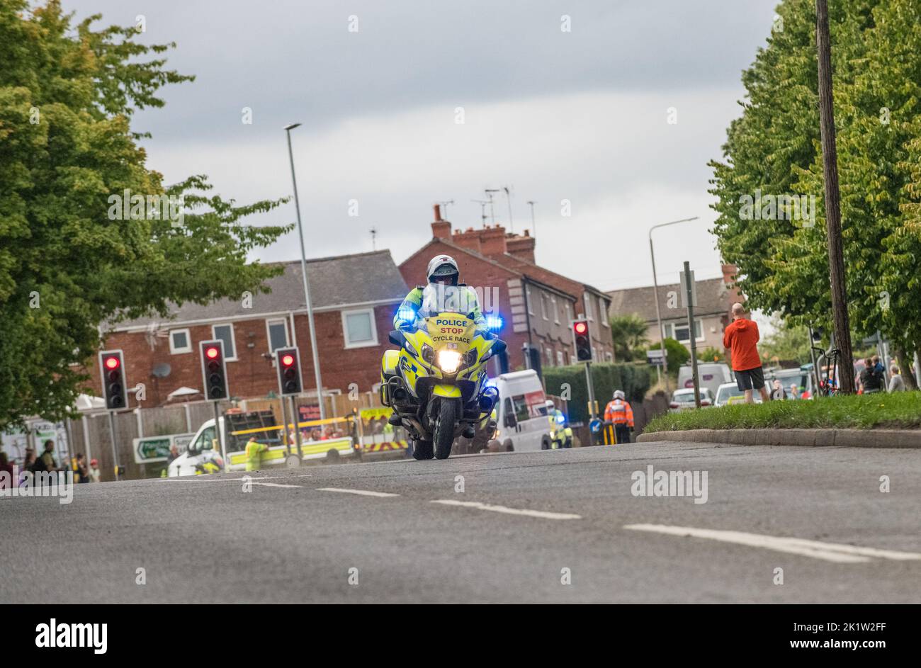 Police motorcycle outriders on stage 5 of the 2022 Tour of Britain road ...