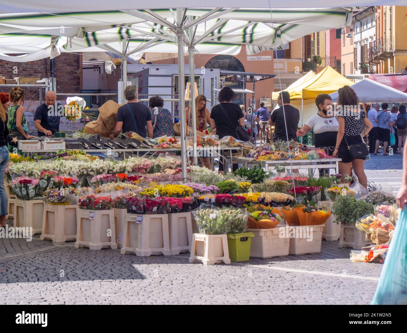 A group of people at an open flower market in Cremona choosing flowers ...
